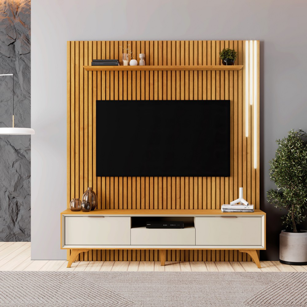 Painel com Rack Viena 2,20 Com Prateleira/ LED/ TV 75 | Móveis Ubá