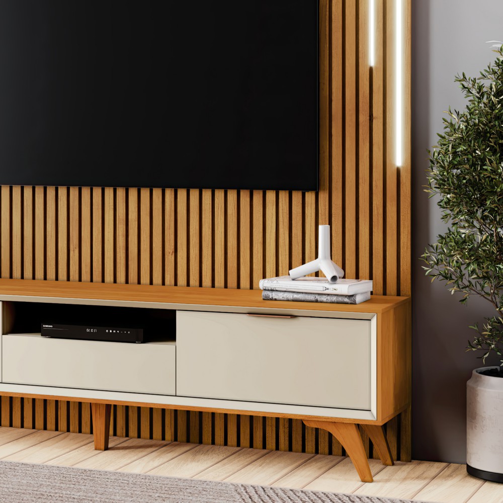Painel com Rack Viena 2,20 Com Prateleira/ LED/ TV 75 | Móveis Ubá