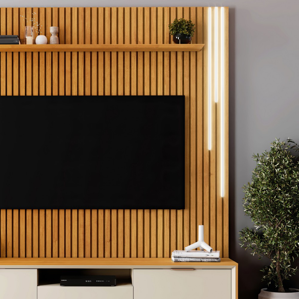 Painel com Rack Viena 2,20 Com Prateleira/ LED/ TV 75 | Móveis Ubá