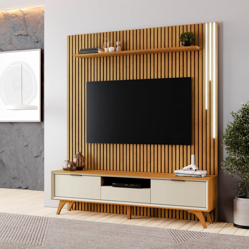 Painel com Rack Viena 2,20 Com Prateleira/ LED/ TV 75 | Móveis Ubá